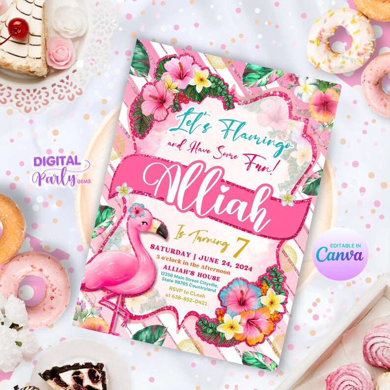 Flamingo Birthday Invitation Tropical Flamingo Theme Party Invite ...