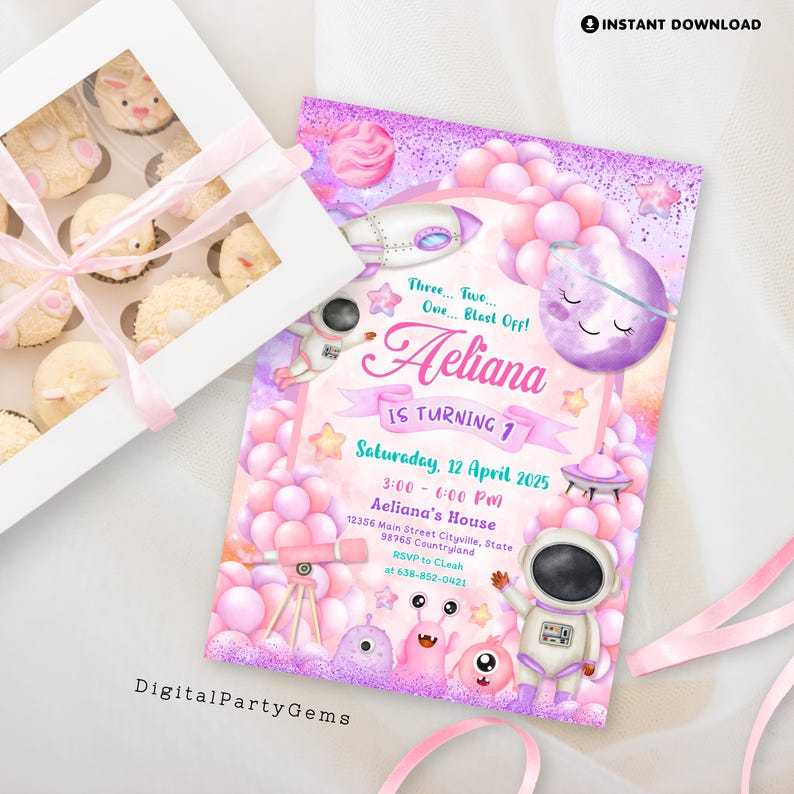 Outer Space Pastel Girl Invitation Astronaut Theme Party Invite Pastel ...