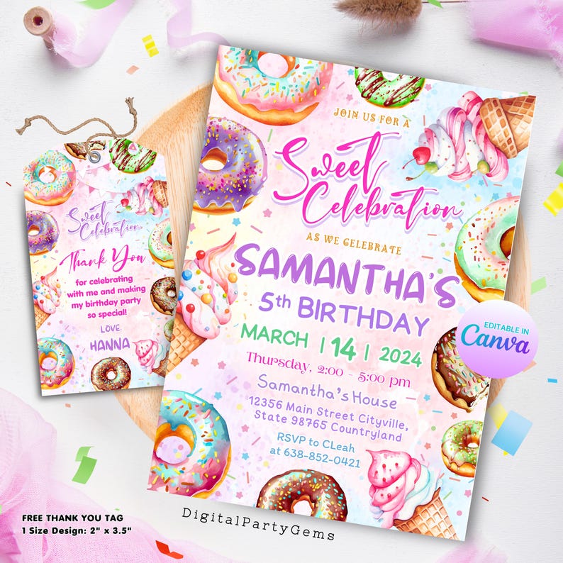 Sweet Ice Cream and Donut Invitation Sweet Celebration Party Invite ...