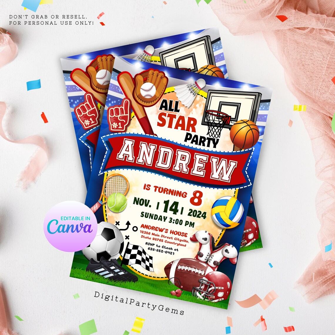 Sports Birthday Invitation All Star Sports Theme Party Invite Editable ...