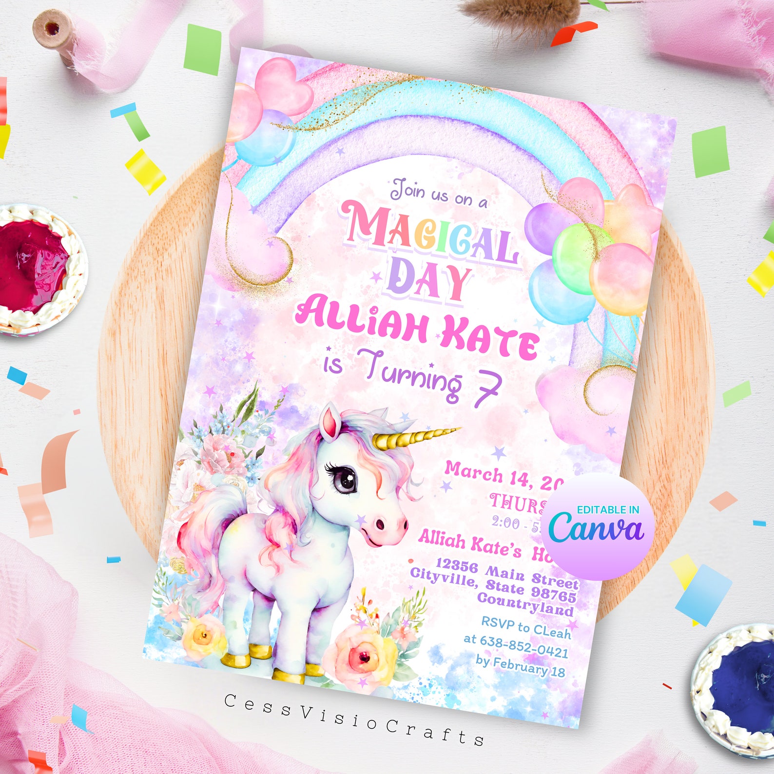 Cute Unicorn Invitation Pastel Rainbow Party Invite Editable Template ...
