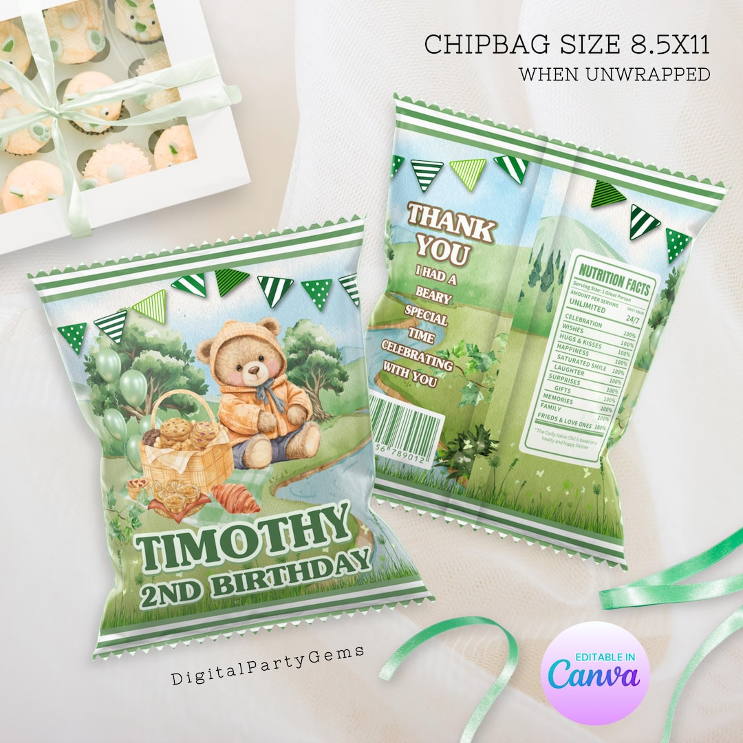 Teddy Bears Picnic Chip Bag Greenery Bear Birthday Theme Party Invite ...