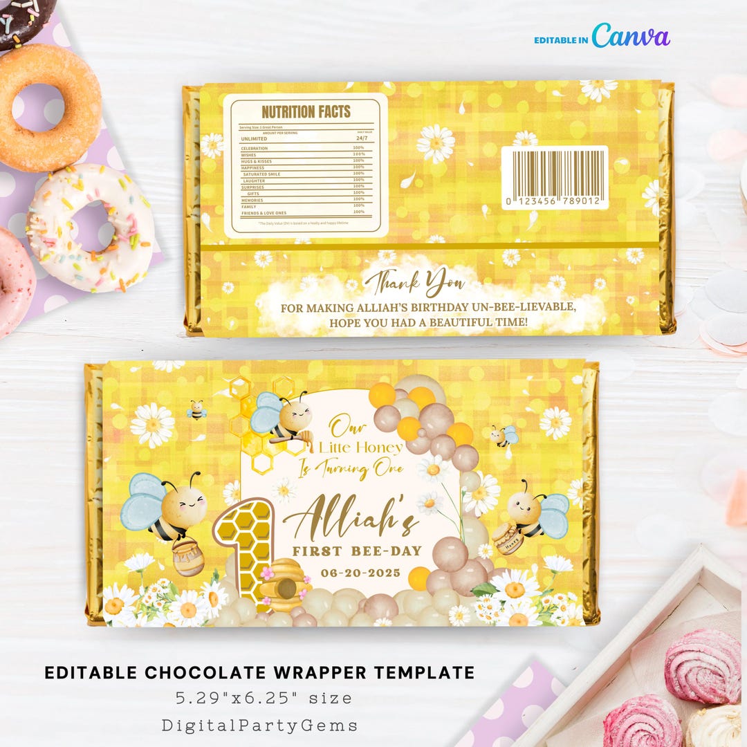 Bee First Birthday Chocolate Bar Wrapper Girl Bee-day Chocolate Bar ...