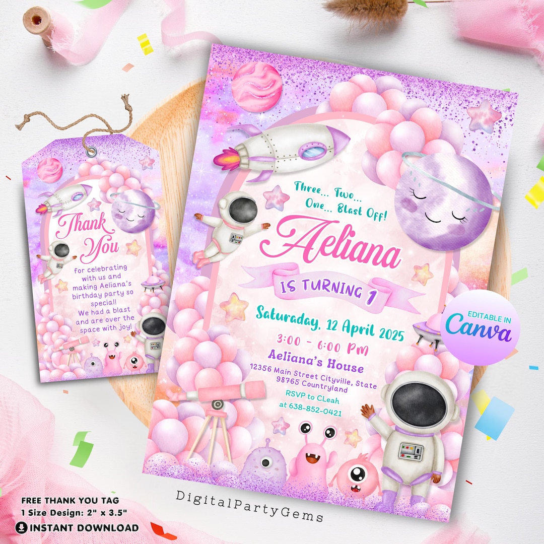 Outer Space Pastel Girl Invitation Astronaut Theme Party Invite Pastel ...