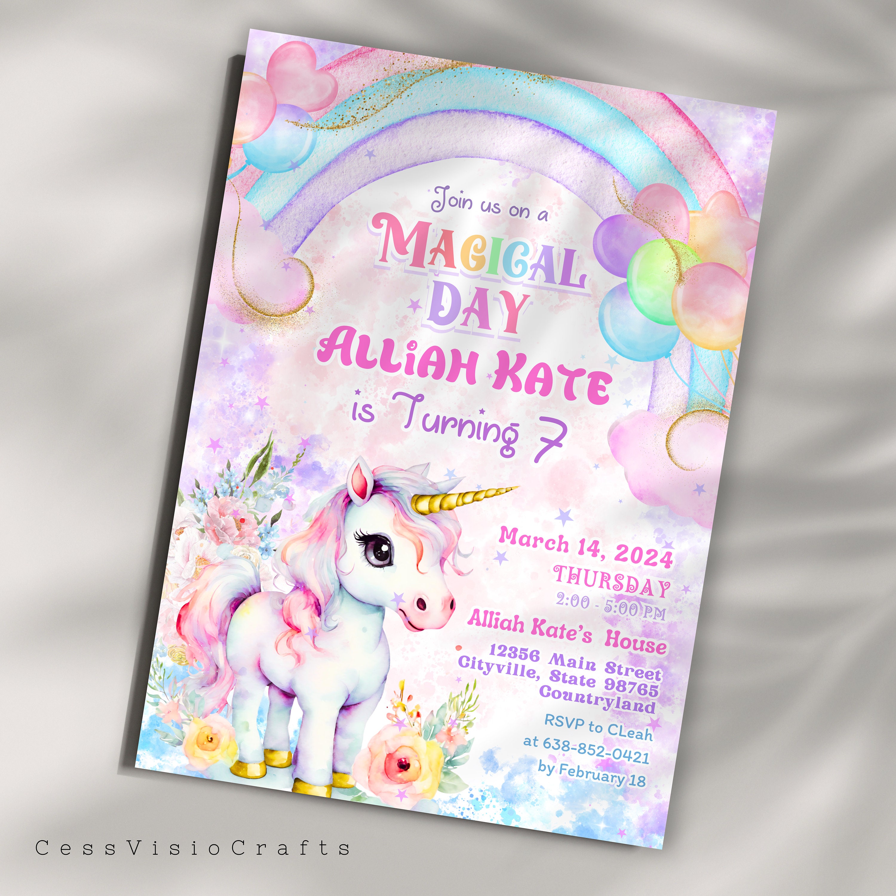 Cute Unicorn Invitation Pastel Rainbow Party Invite Editable Template ...