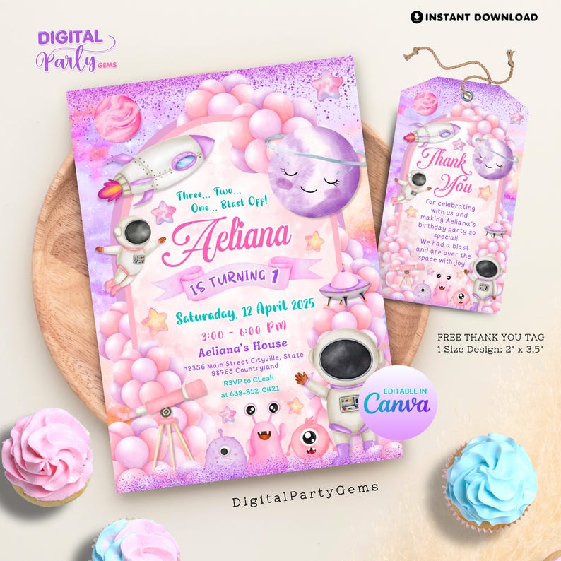 Outer Space Pastel Girl Invitation Astronaut Theme Party Invite Pastel ...