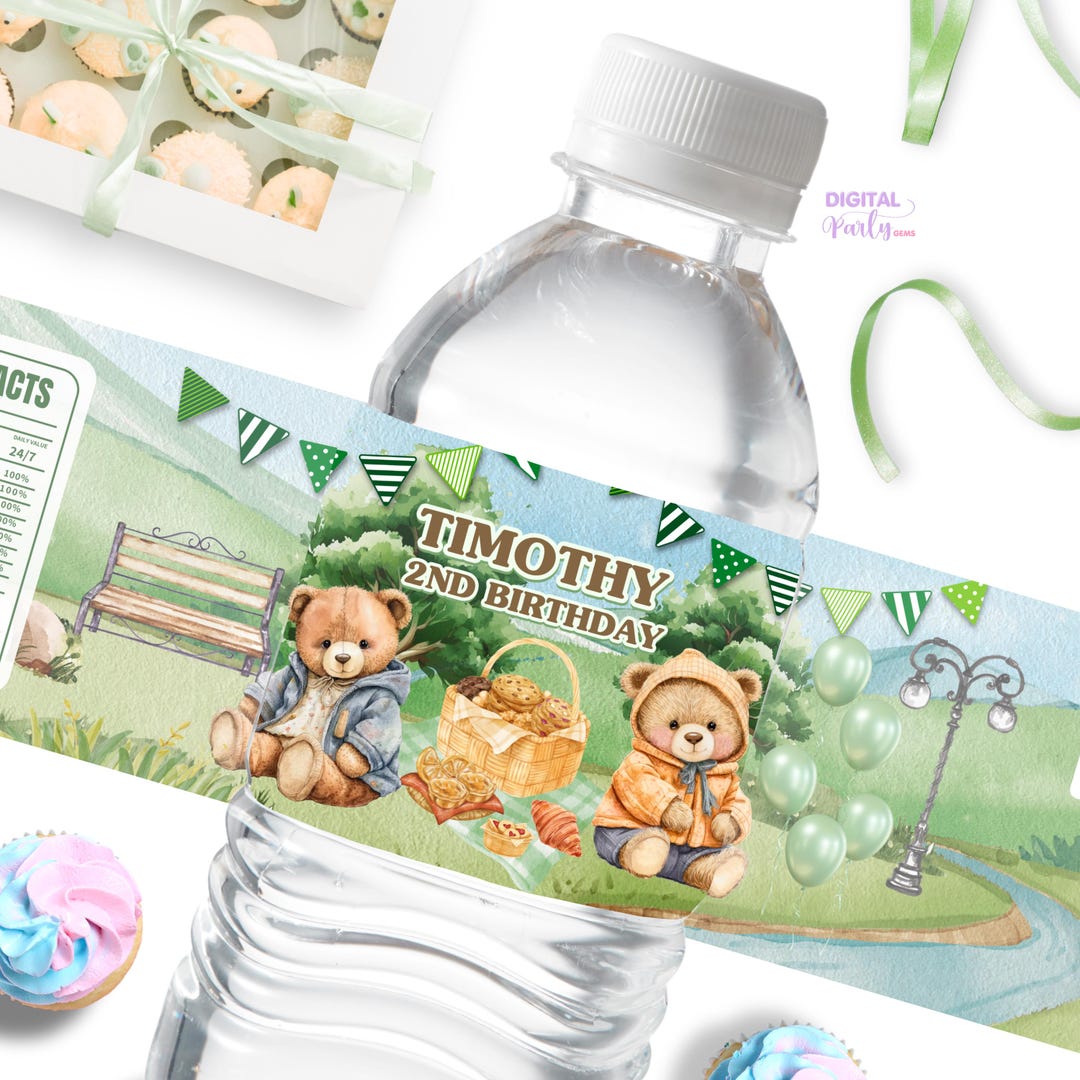 Teddy Bears Picnic Bottle & Juice Label Greenery Bear Theme Party ...
