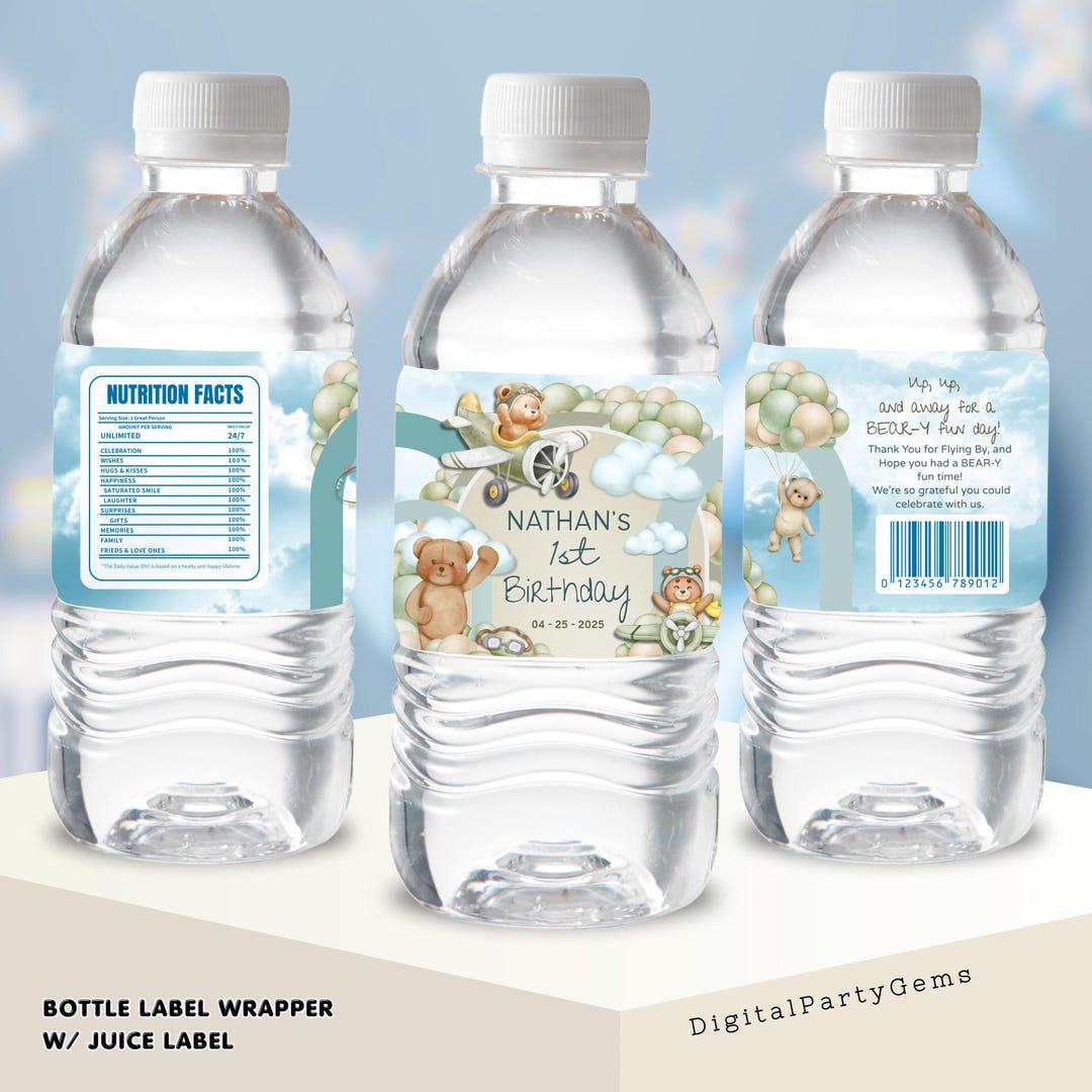 Teddy Bear Pilot Water Bottle Label Boy Airplane Theme Party Bottle ...