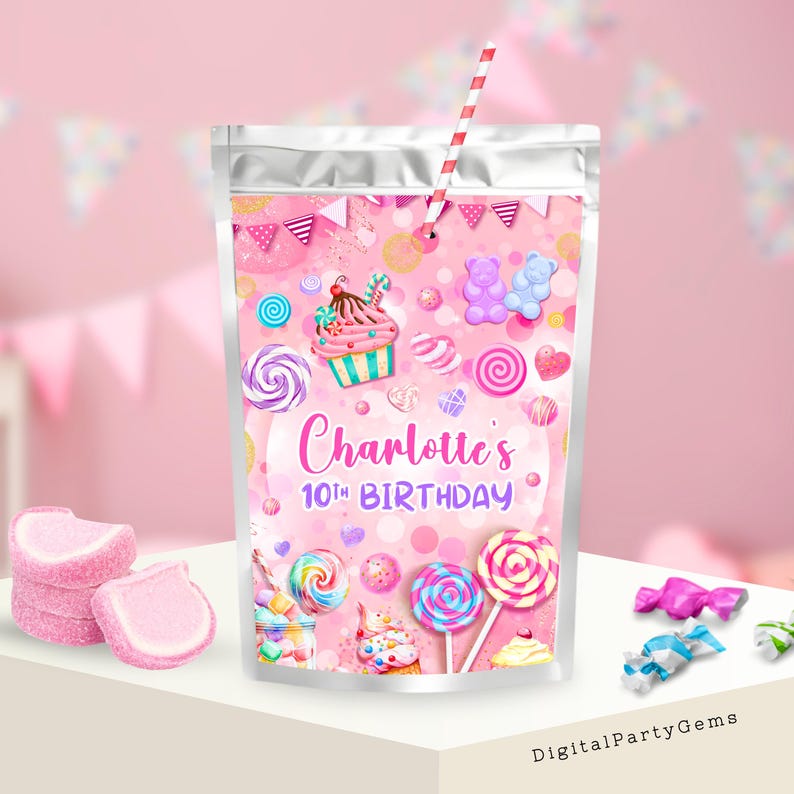 Candy Land Bottle Wrapper Juice Label Candy Shop Theme Party Editable ...