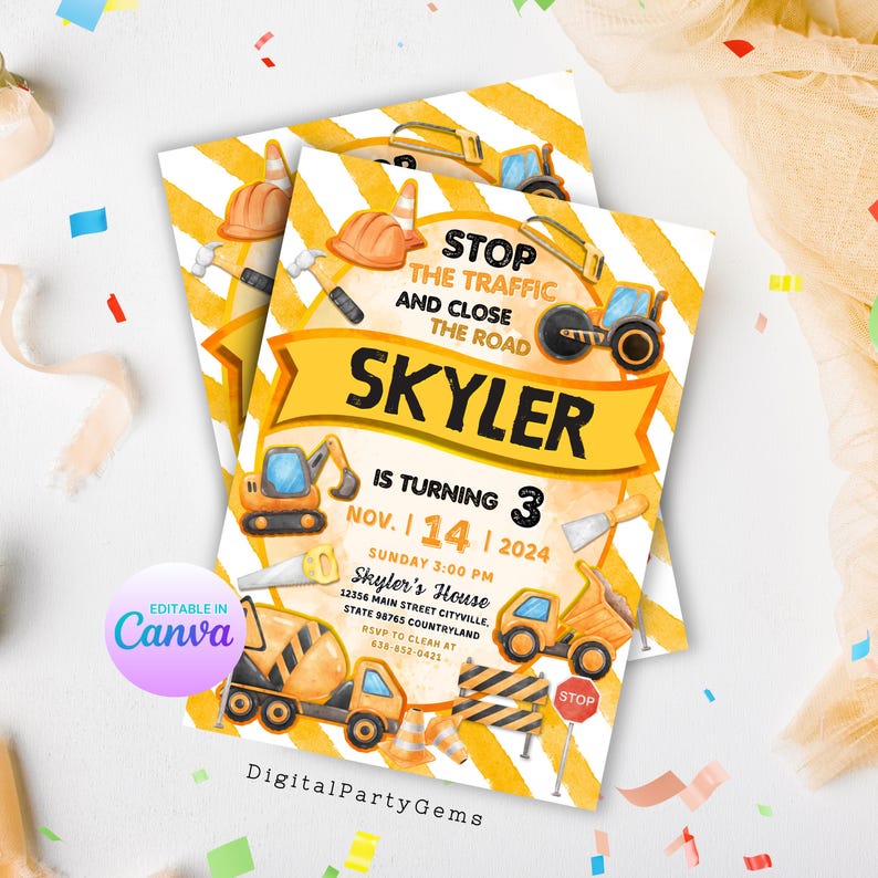 Construction Birthday Invitation Construction Vehicle Party Invite ...
