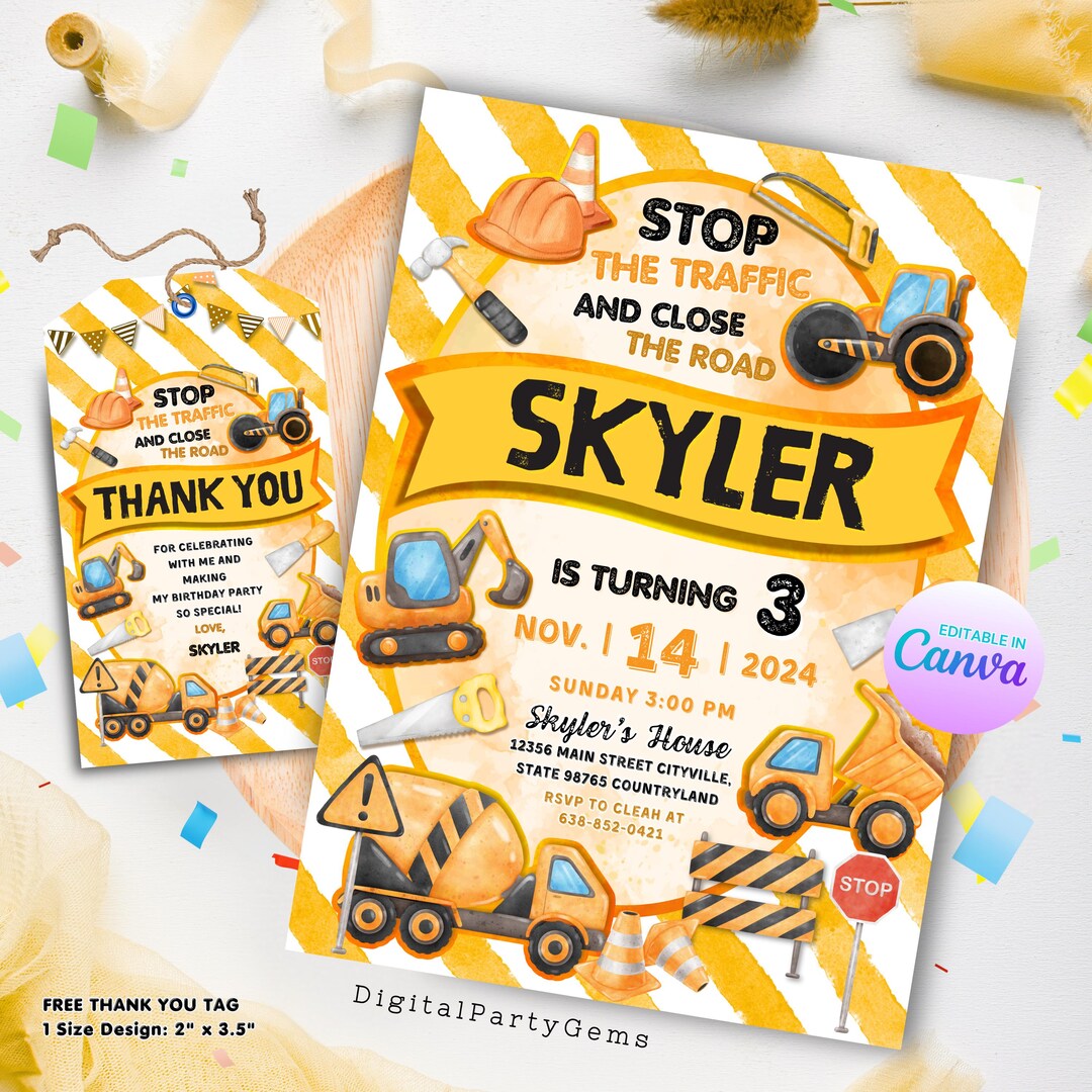 Construction Birthday Invitation Construction Vehicle Party Invite ...