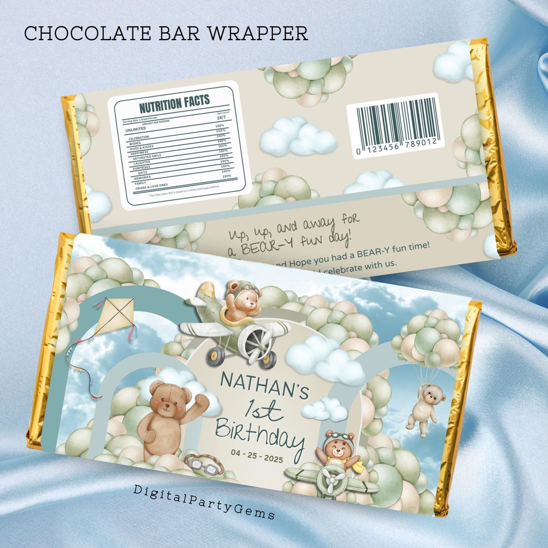 Teddy Bear Pilot Chocolate Bar Wrapper Boy Airplane Party Wrap Editable ...