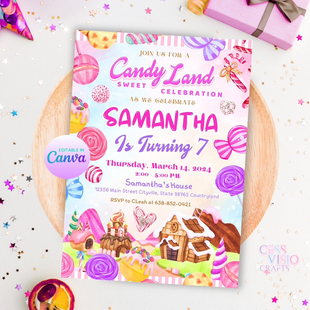 Editable Candy Land Birthday Invitation Canva Template, Sweeten ...