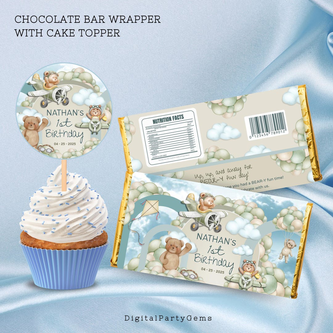 Teddy Bear Pilot Chocolate Wrapper With Cake Topper Boy Airplane Party ...