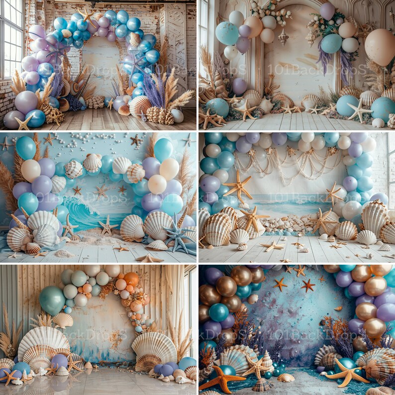 Mermaid Balloons Digital Backdrops, Shells Balloons Arch Backdrop, Cake ...