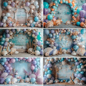 Mermaid Balloons Digital Backdrops, Shells Balloons Arch Backdrop, Cake ...