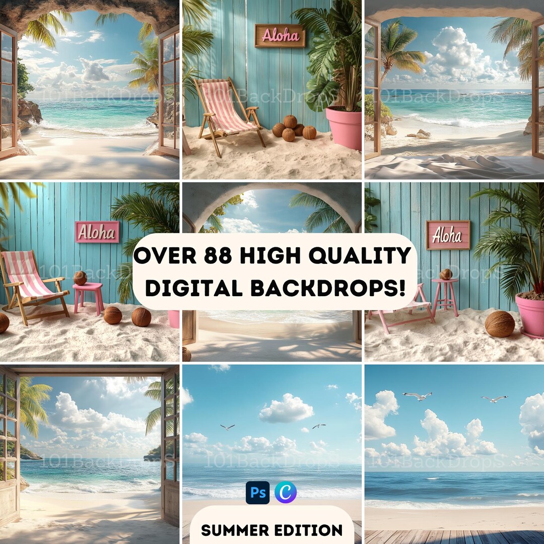 88+ Coastal Summer Beach Backdrops Bundle - Ocean View Digital ...