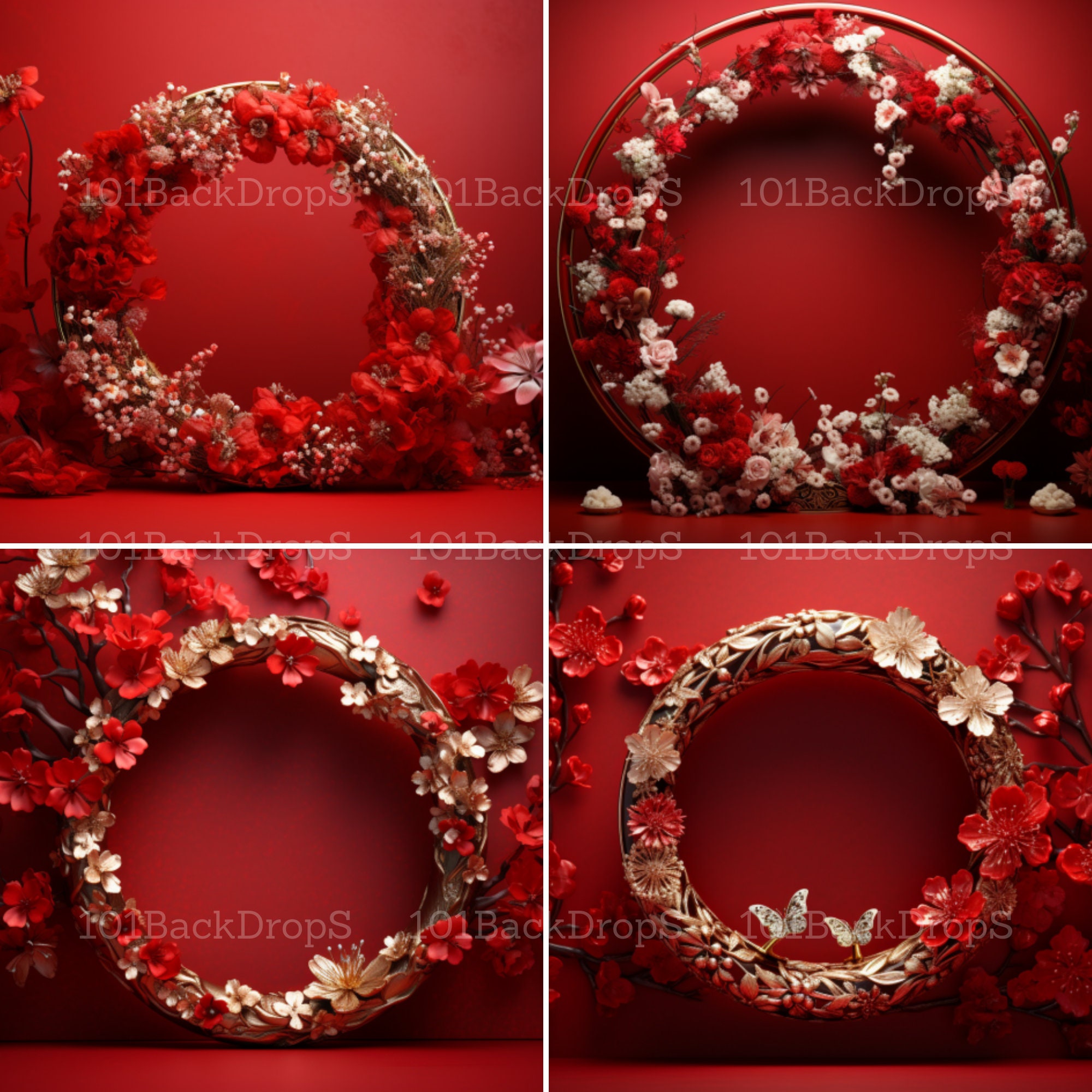 Red Floral Ring Digital Backdrops, Red Floral Hoop Backdrops, Maternity ...