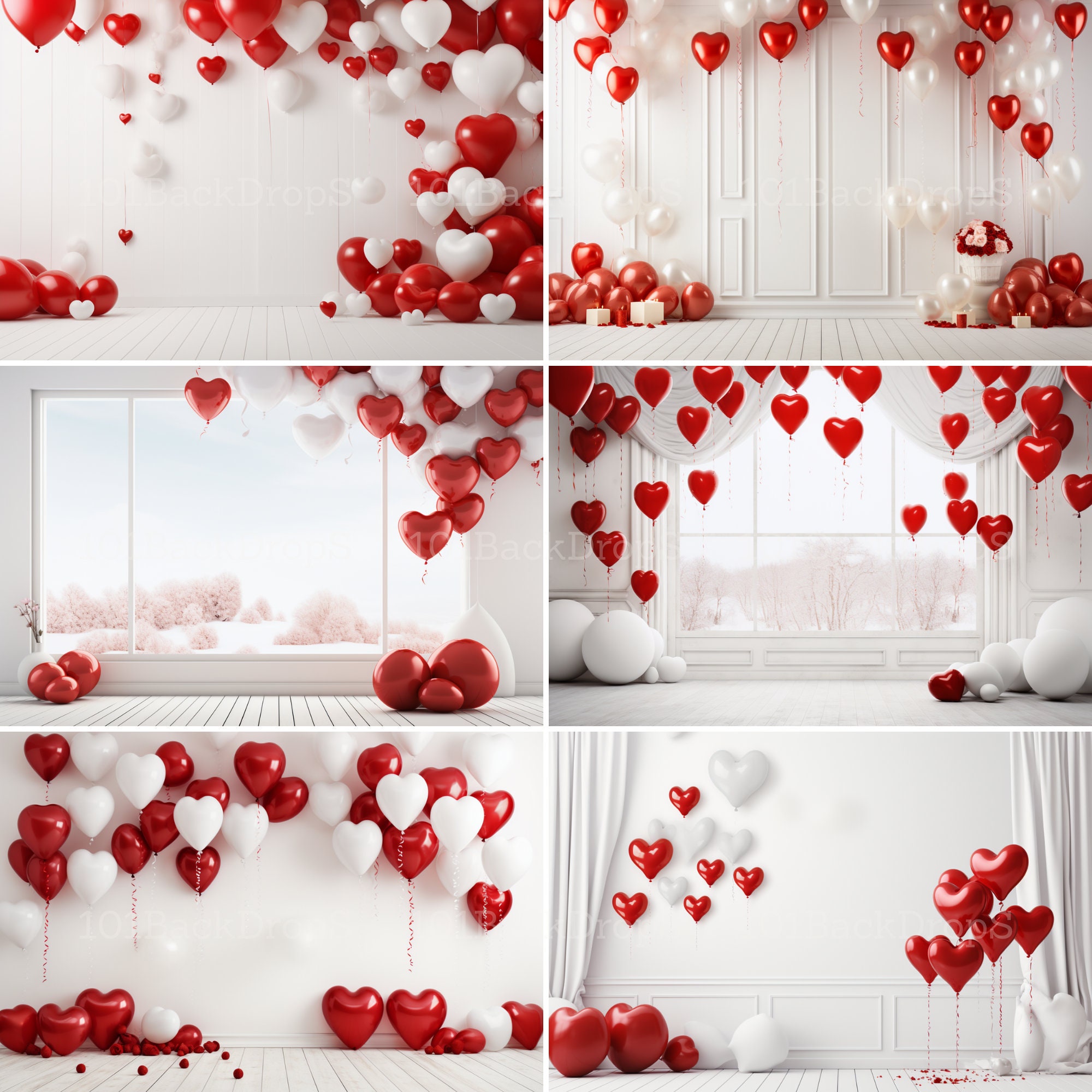 Bundle of 31 Valentine Red Balloons Backdrop, White Room Backdrops for ...