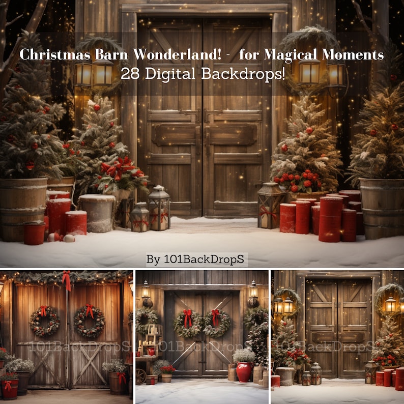 Christmas Barn Doors Digital Backdrops, Studio Backdrops Holiday Winter, , Family Kids ...