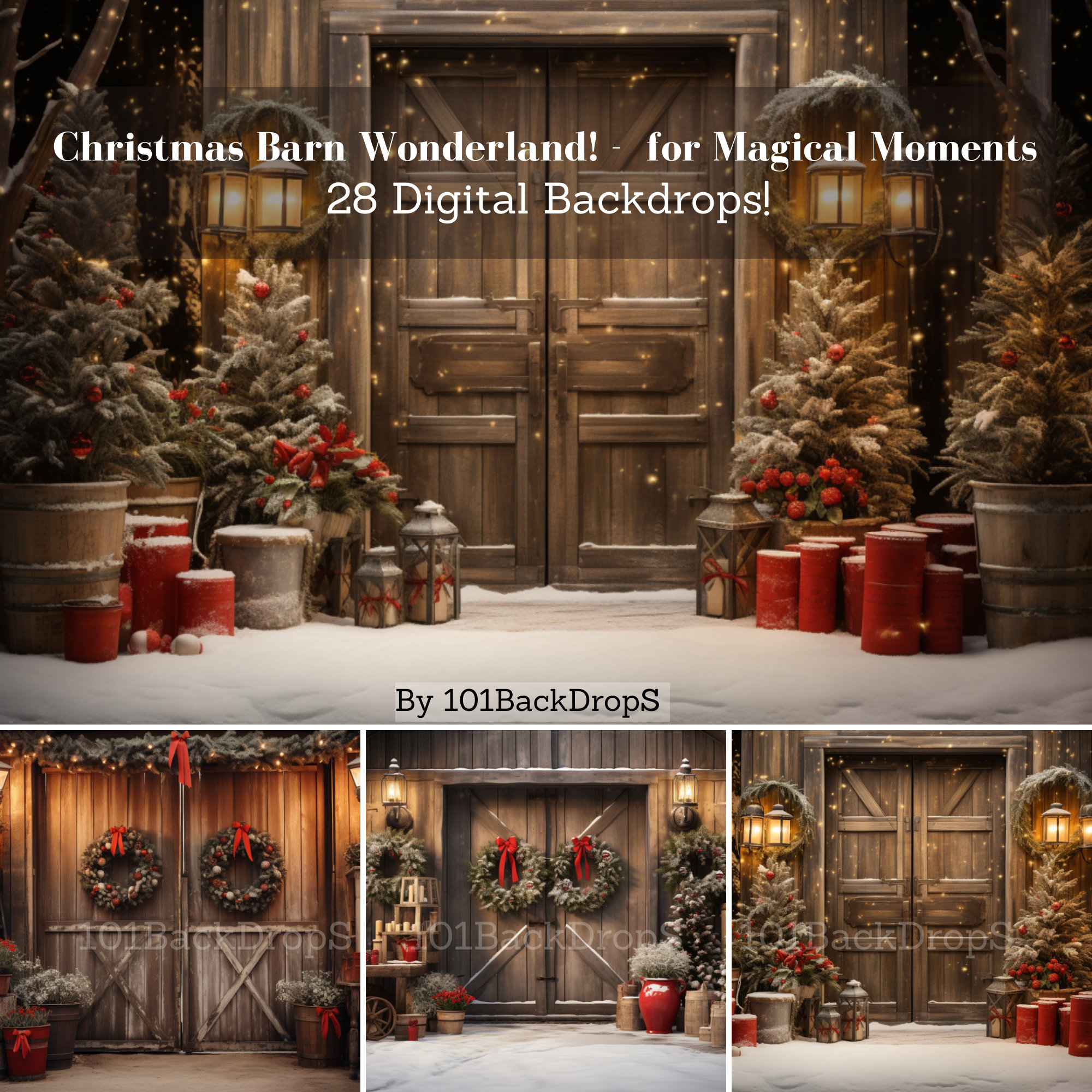 Christmas Barn Doors Digital Backdrops, Studio Backdrops Holiday Winter ...