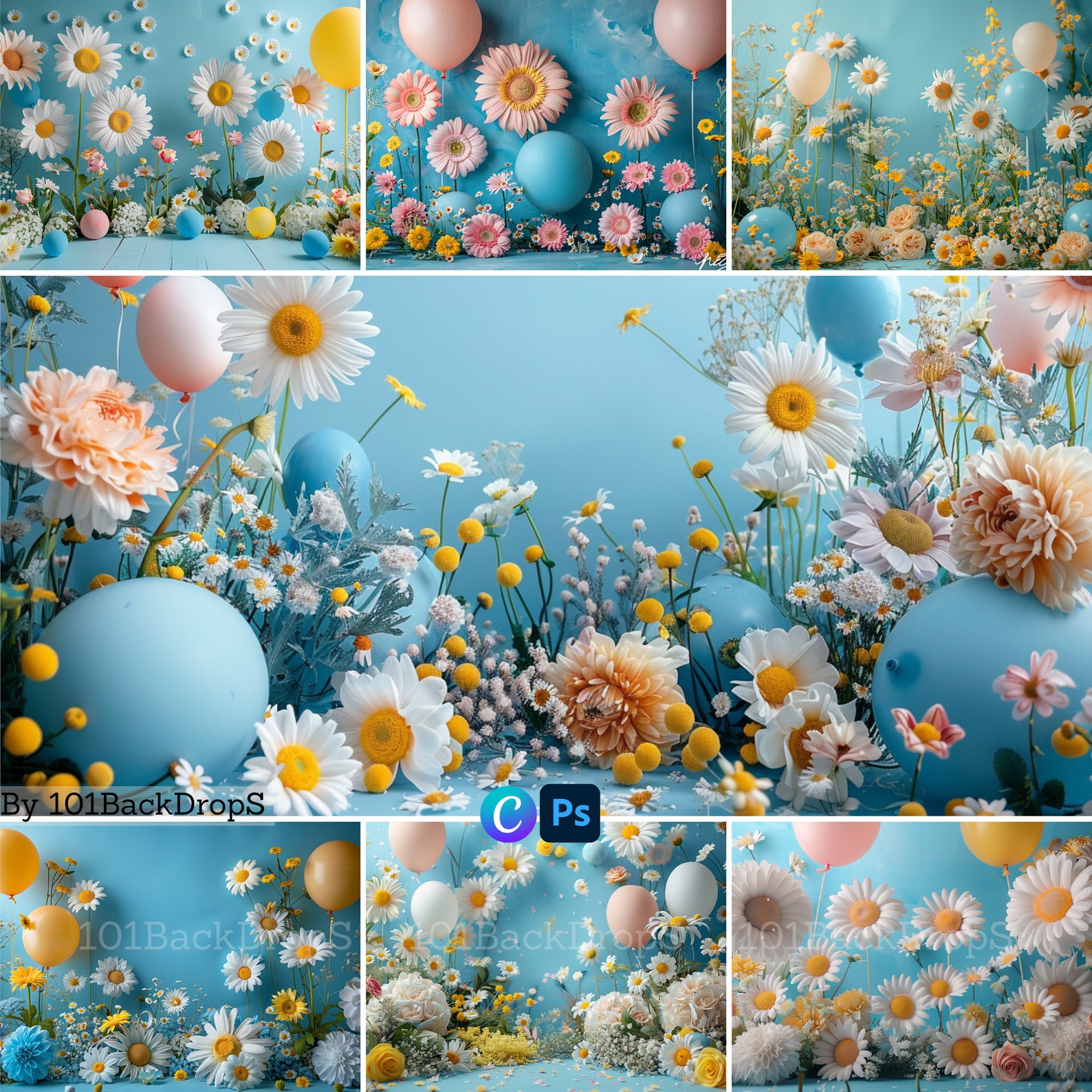 Daisy Flower Pastel Digital Backdrops, Kids Photography Studio ...