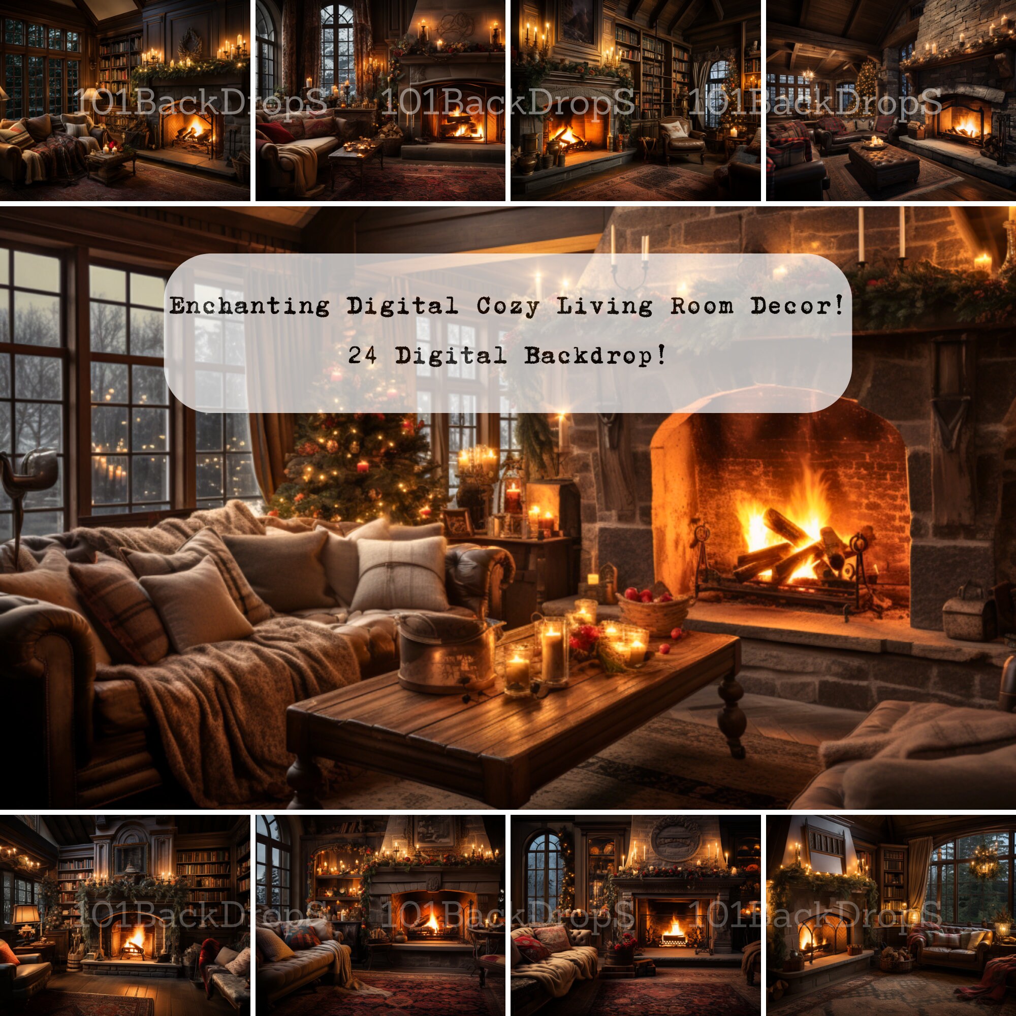 Bundle of 24 Cozy Fireside Retreat Backdrops Magical Living Room Scene ...