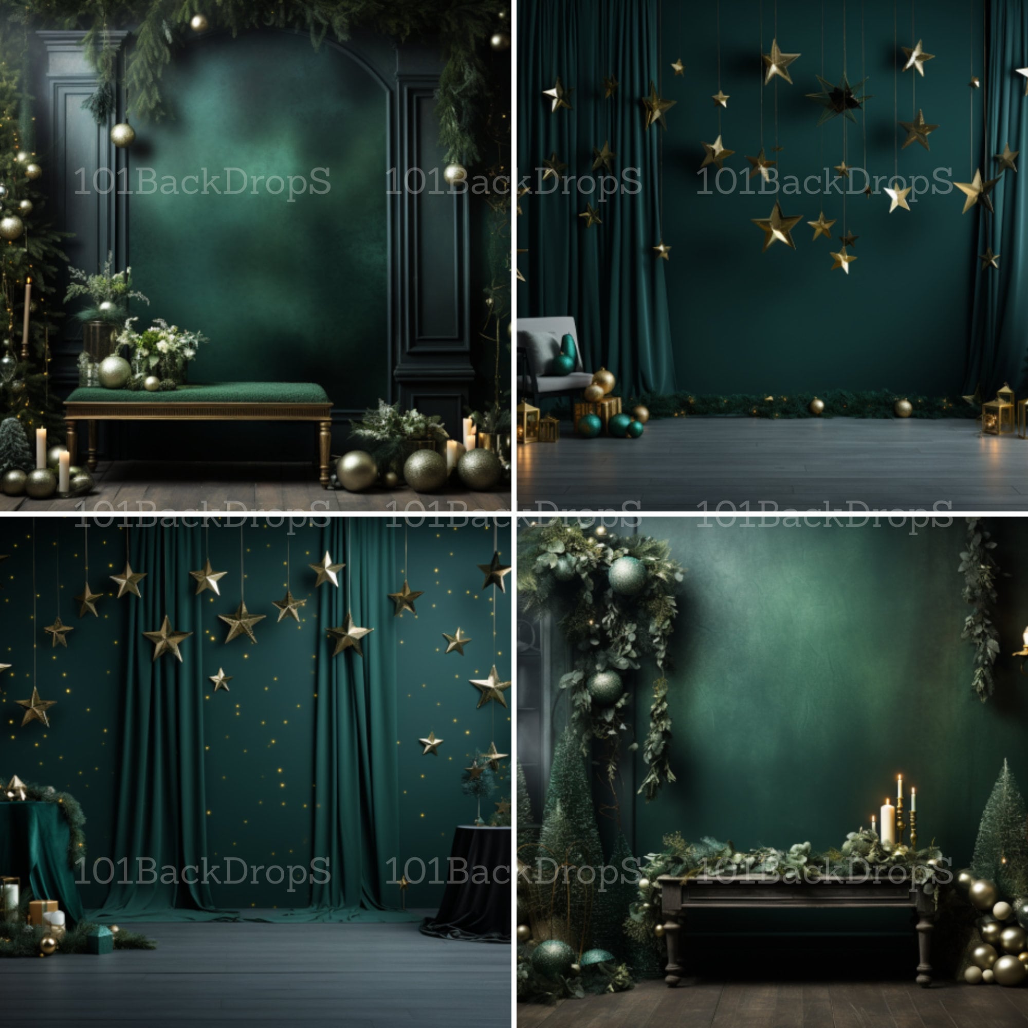 24 Christmas Green Digital Backdrops, Winter Background Overlays ...