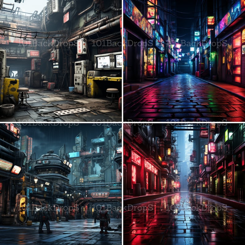 Cyberpunk Themed Backdrops, Digital Photography Bundle of Exterior Sci ...