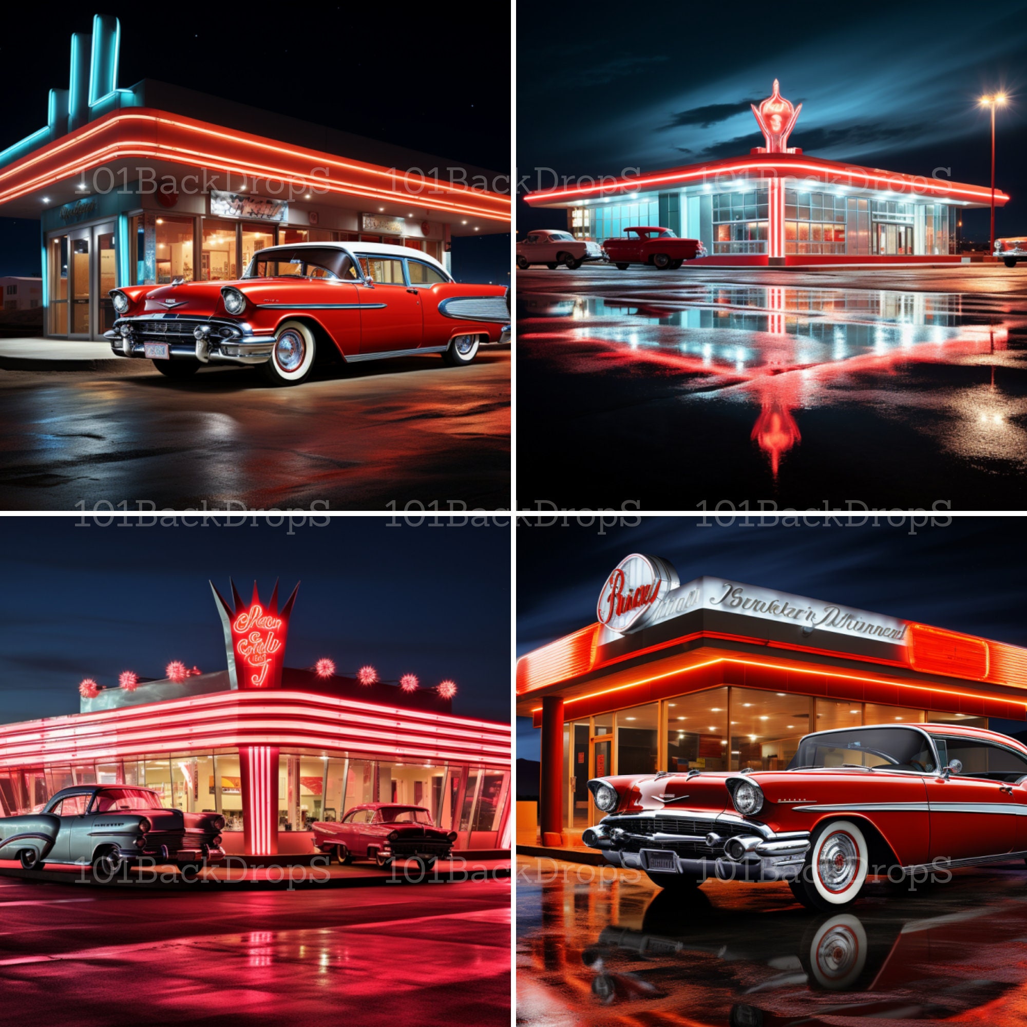 Bundle of 32 Retro Route 66 Diner Night Scene - Neon Lights Digital ...