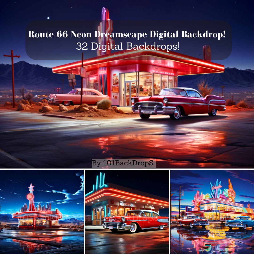 Bundle of 32 Retro Route 66 Diner Night Scene - Neon Lights Digital ...