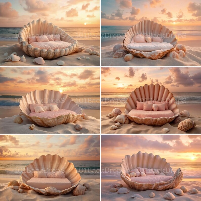 Mermaid Shell Bed Digital Backdrop Bundle - 130+ Fantasy Beach ...