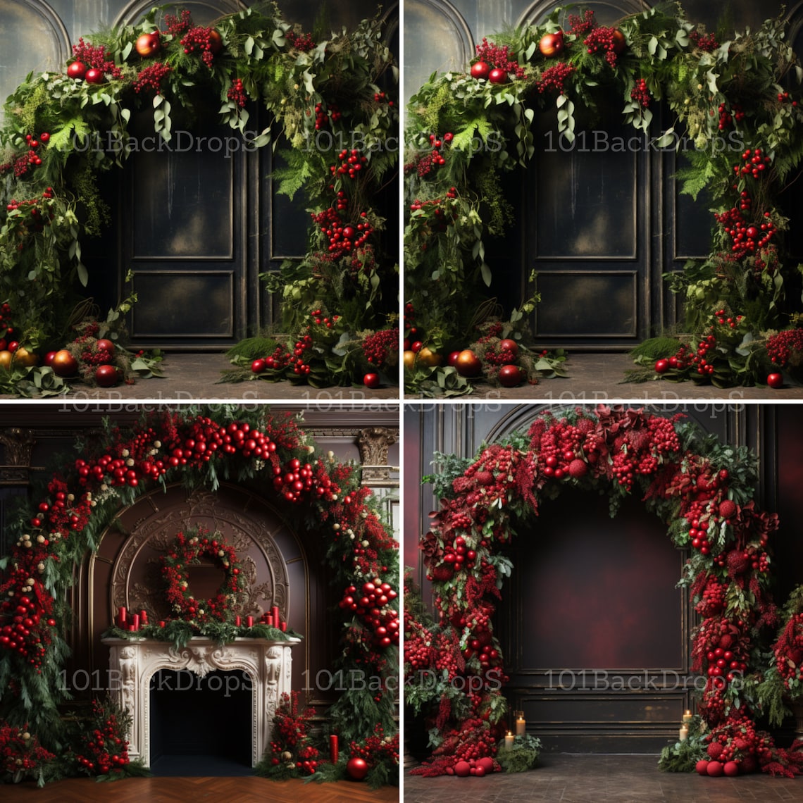 Christmas Arch Digital Backdrop Bundle, Family Xmas Backgrounds, Red ...