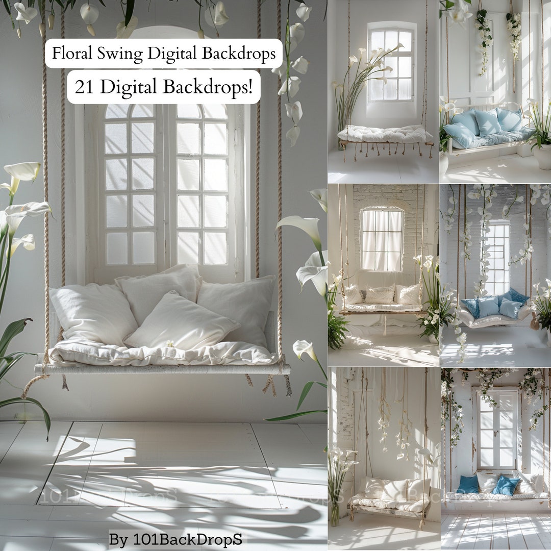 White Studio Floral Swing Digital Backdrops, Maternity Portrait Digital Overlays, Studio ...
