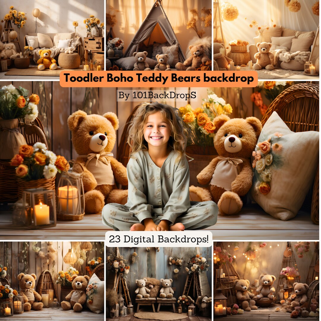 23 Digital Toddler Backdrops Boho Teddy Bears Collection, Digital ...