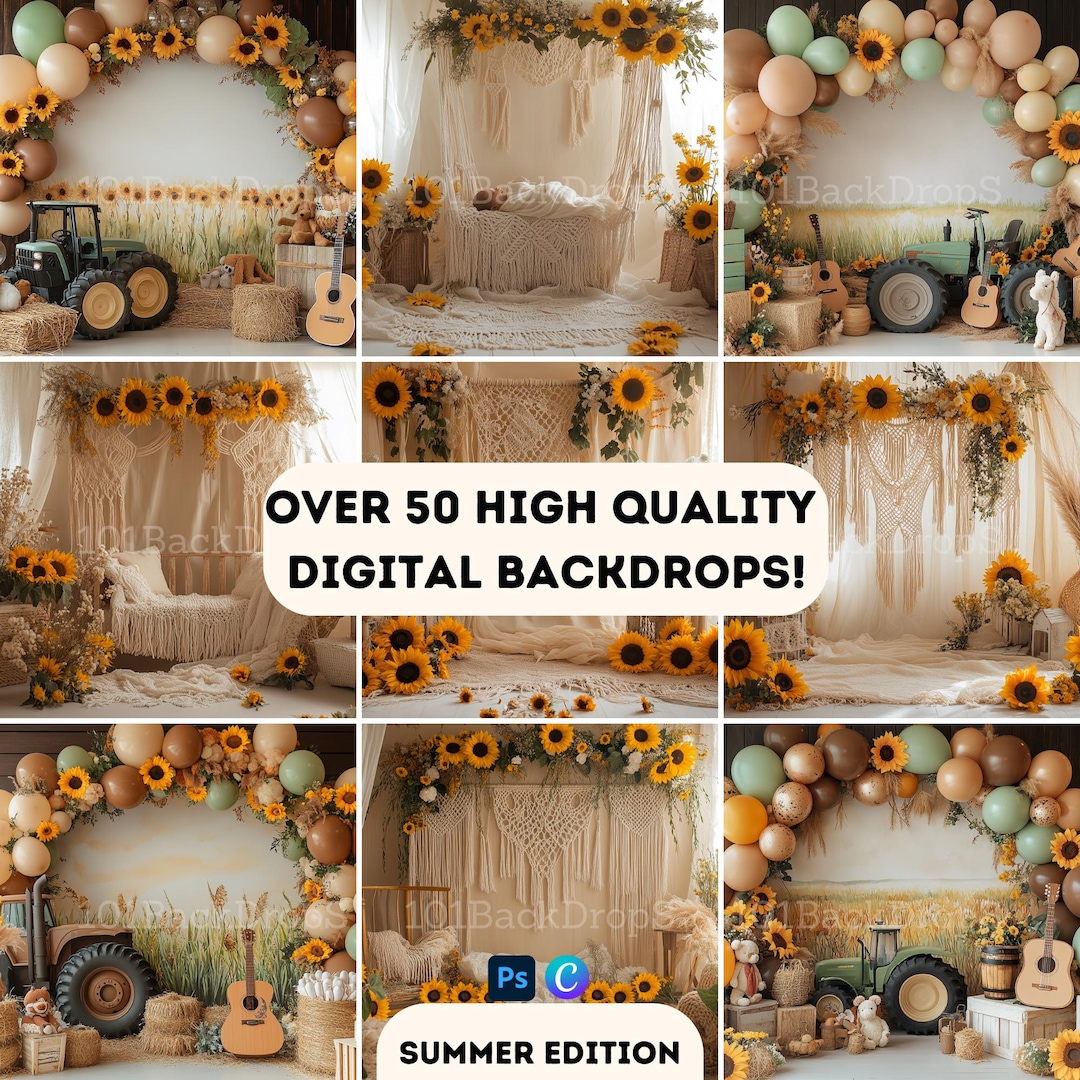 50+ Magical Summer Backdrops Bundle - Sunflower & Balloon Photo Scenes ...
