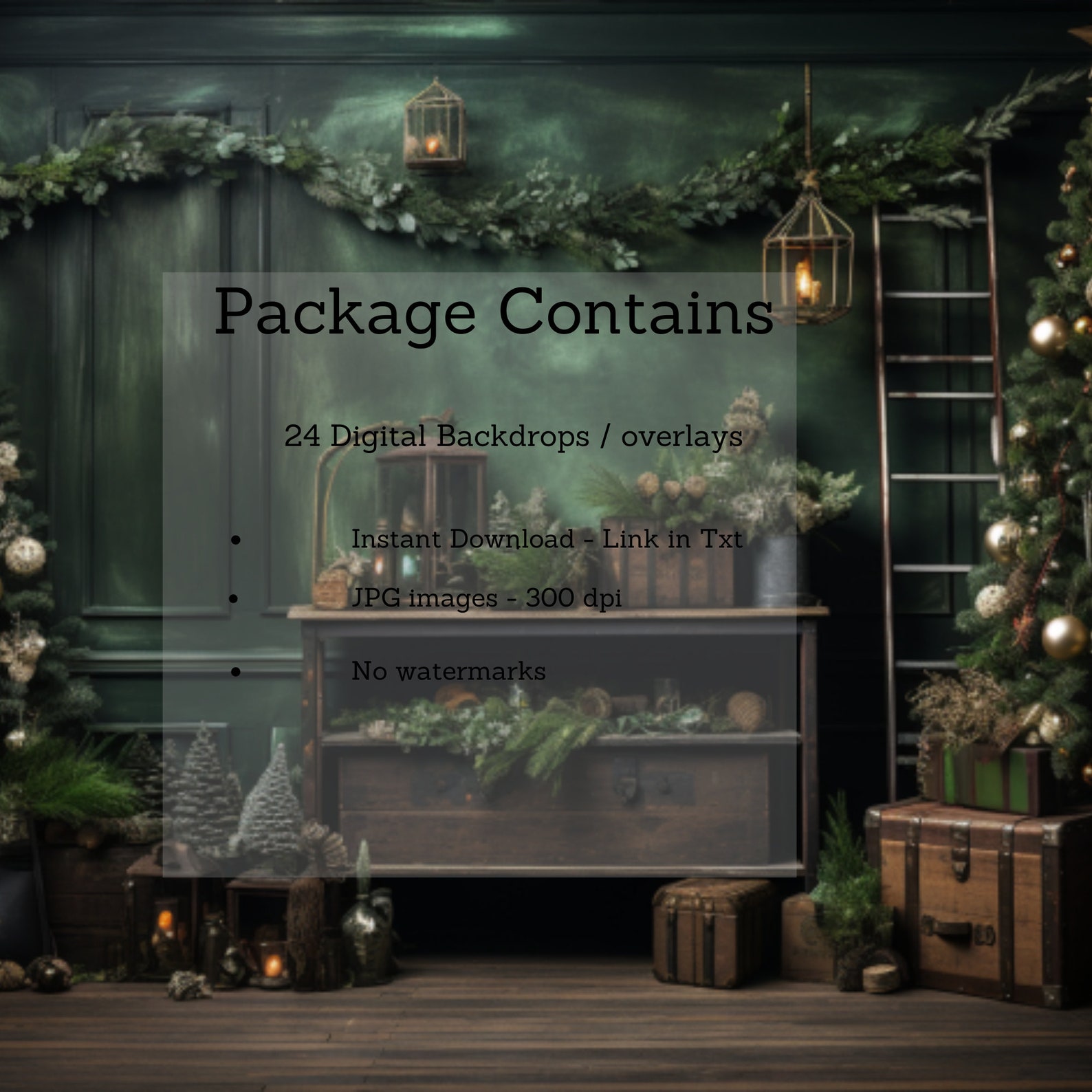 24 Christmas Green Digital Backdrops, Winter Background Overlays ...