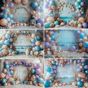 Mermaid Balloons Digital Backdrops, Shells Balloons Arch Backdrop, Cake ...