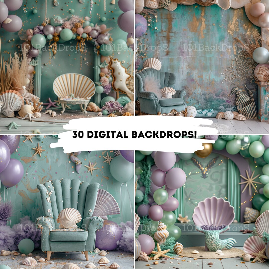 Mermaid Balloons Digital Backdrops, Shells Balloons Arch Backdrop, Cake ...