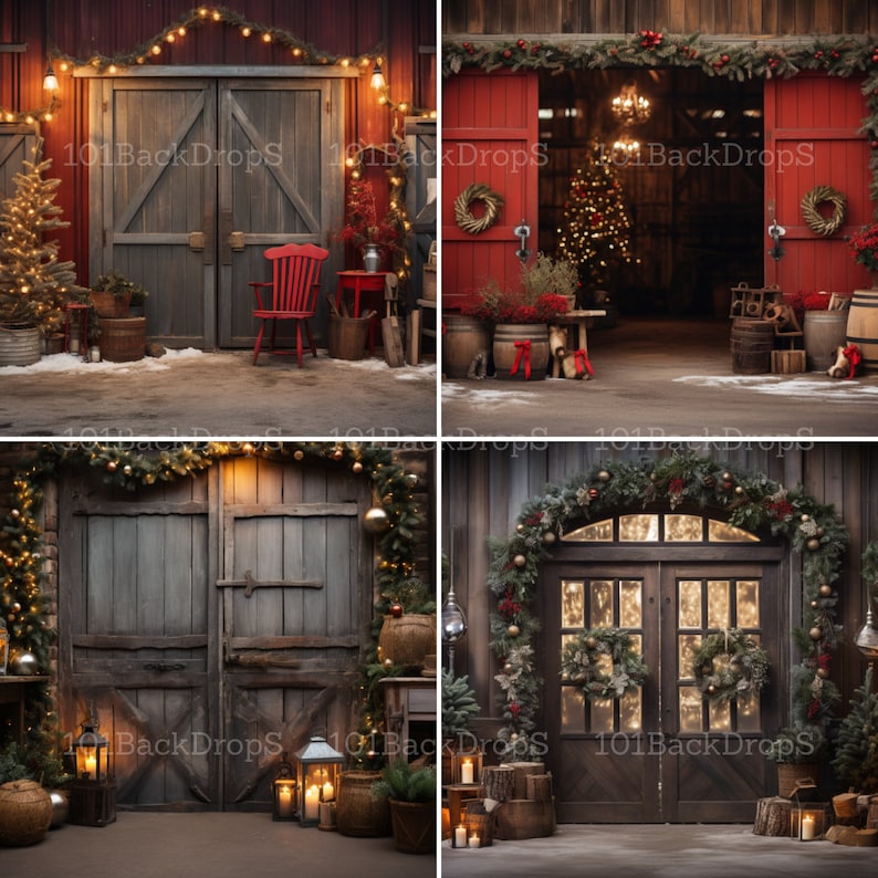 Christmas Barn Doors Digital Backdrops, Studio Backdrops Holiday Winter, , Family Kids ...