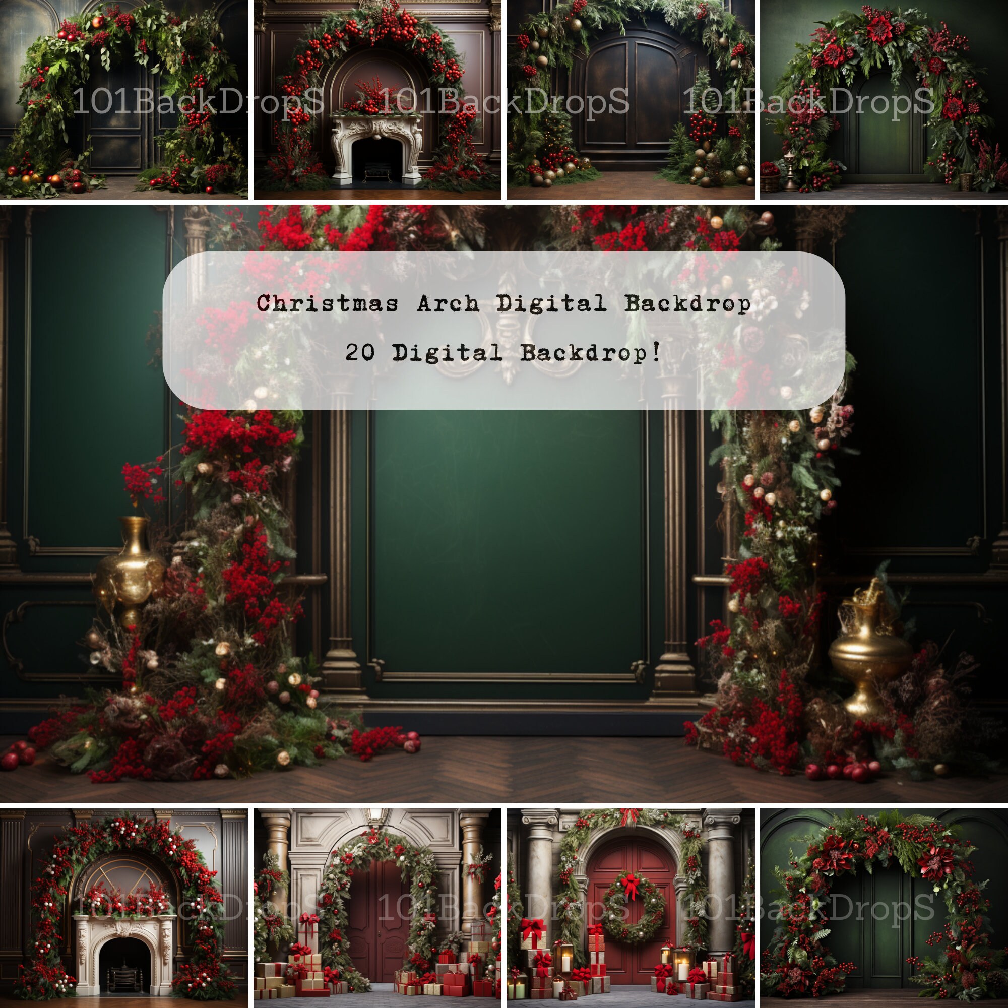 Christmas Arch Digital Backdrop Bundle, Family Xmas Backgrounds, Red ...