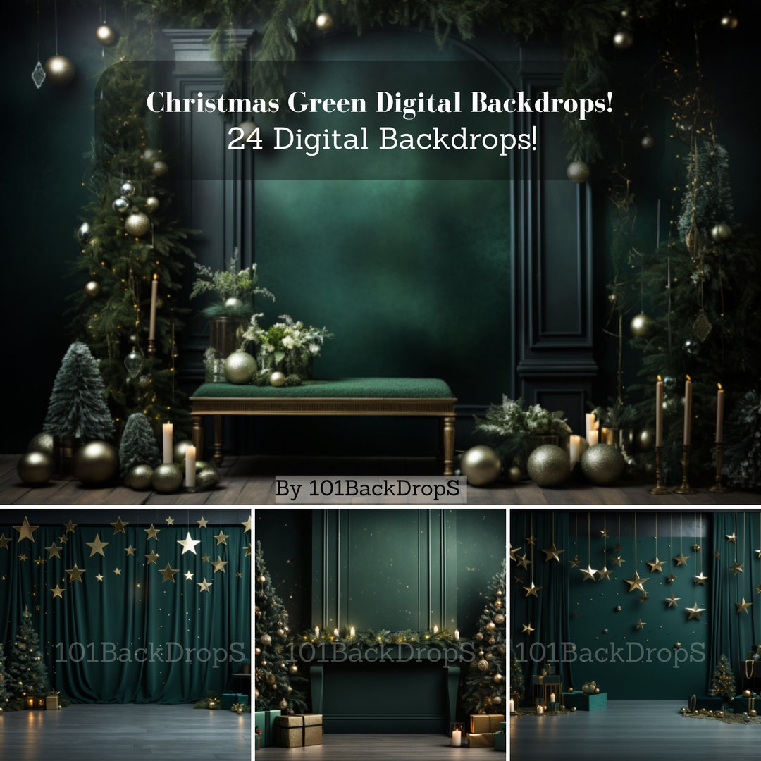 24 Christmas Green Digital Backdrops, Winter Background Overlays ...