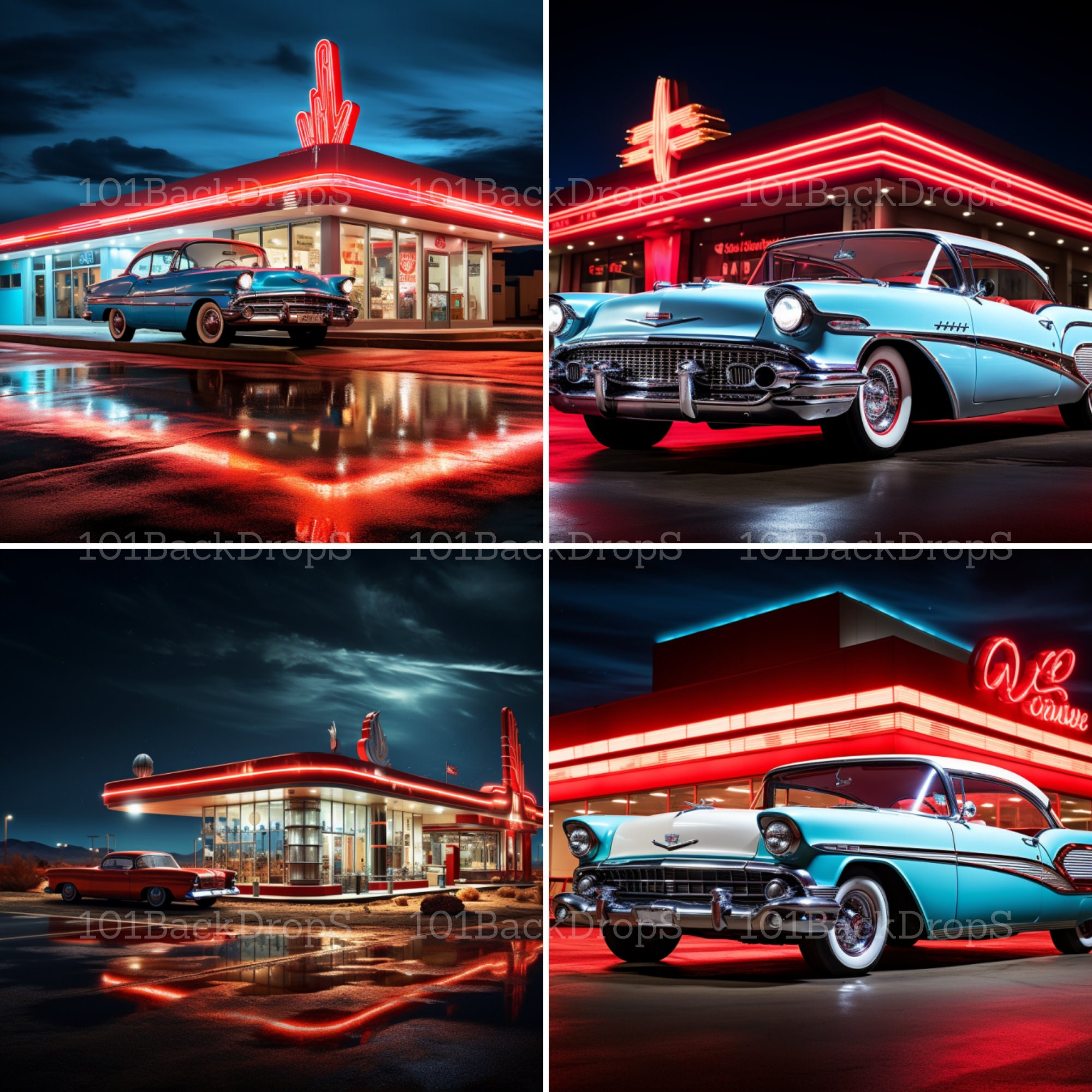 Bundle of 32 Retro Route 66 Diner Night Scene - Neon Lights Digital ...
