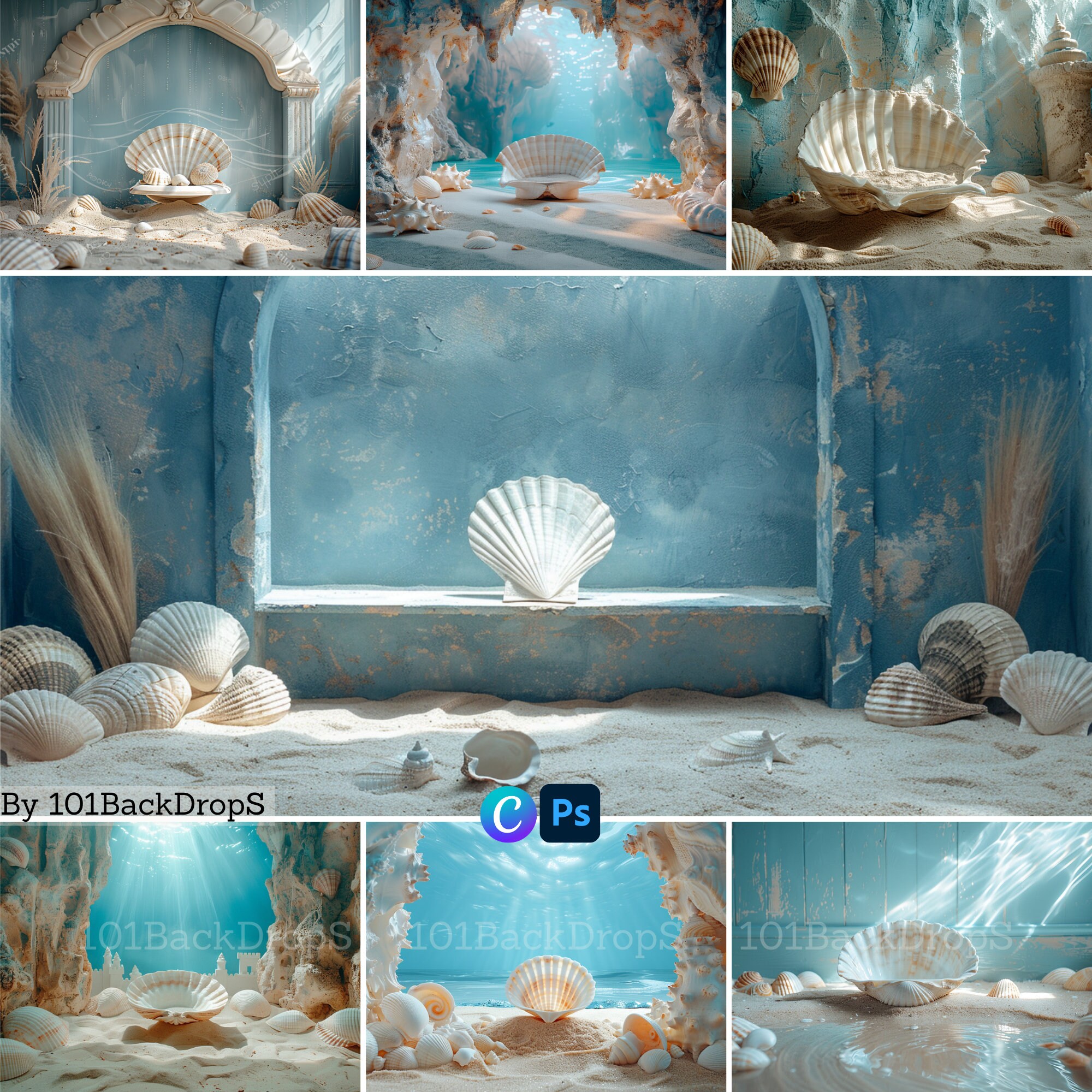 Ocean Mermaid Shell Digital Backdrops, Blue Romantic, Photoshop ...