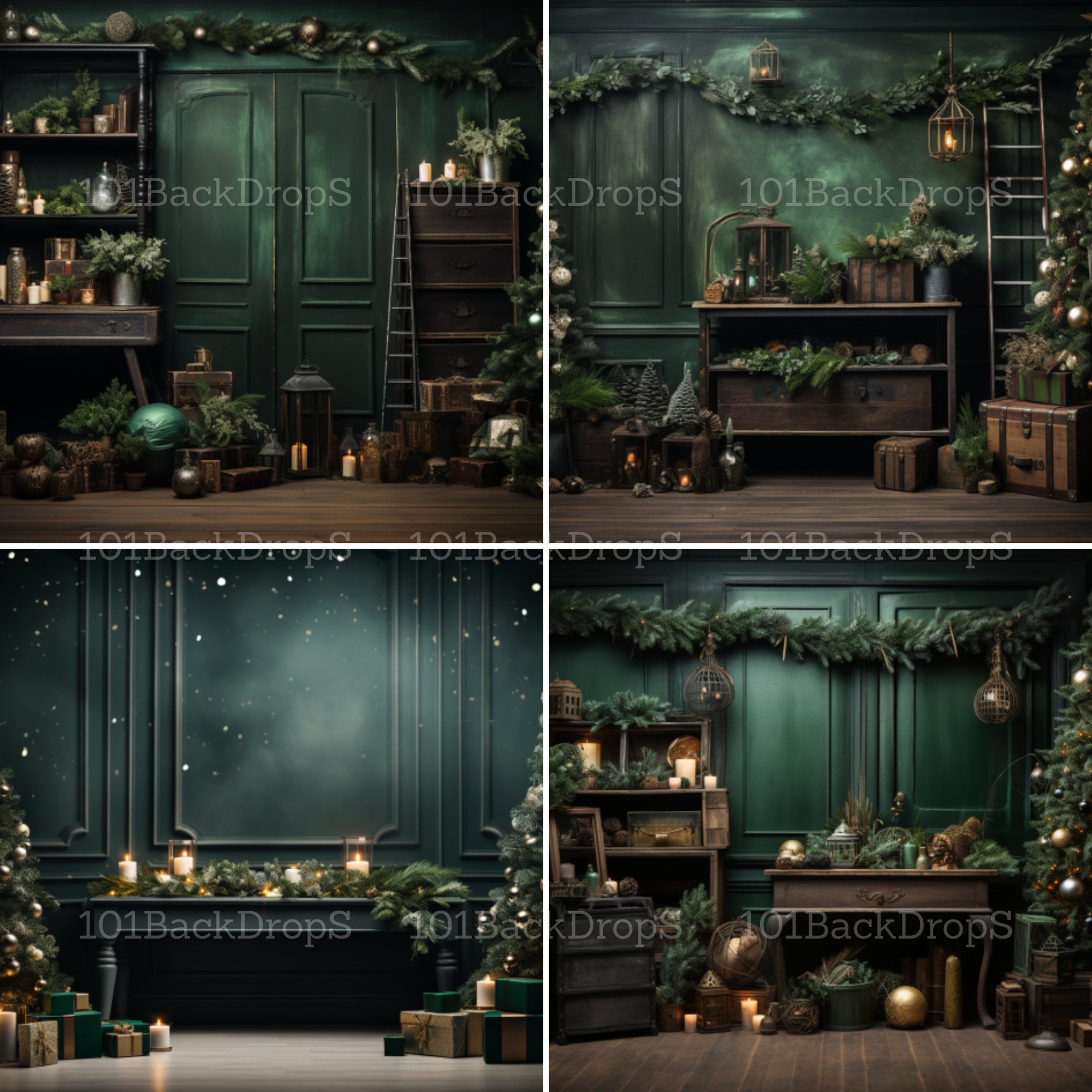 24 Christmas Green Digital Backdrops, Winter Background Overlays ...