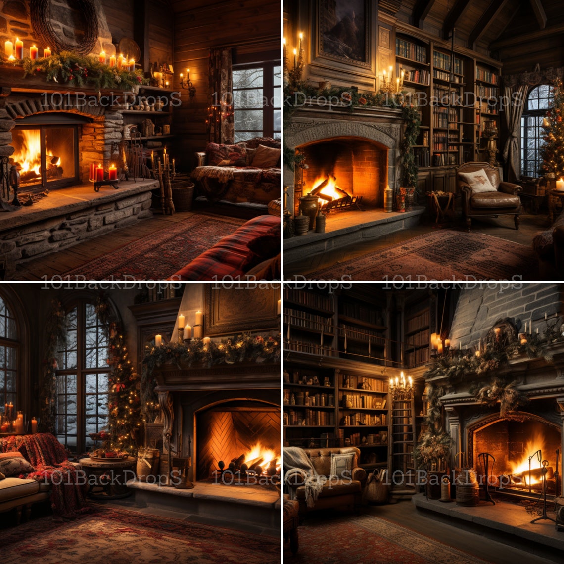 Bundle of 24 Cozy Fireside Retreat Backdrops Magical Living Room Scene ...