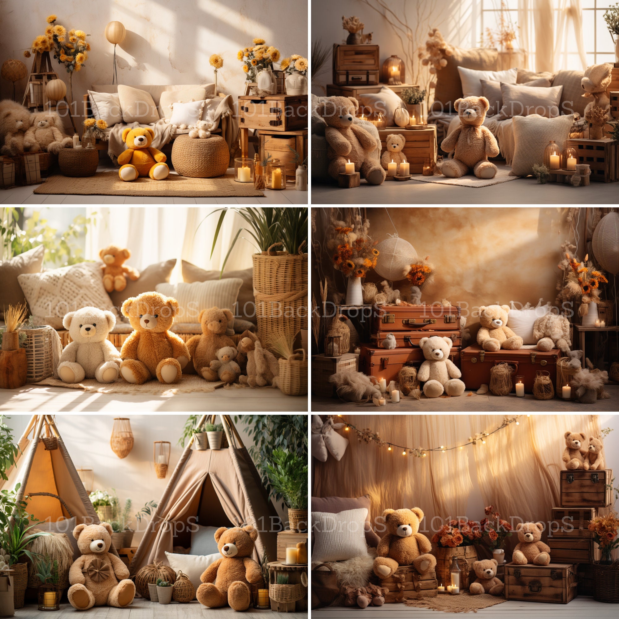 23 Digital Toddler Backdrops Boho Teddy Bears Collection, Digital ...