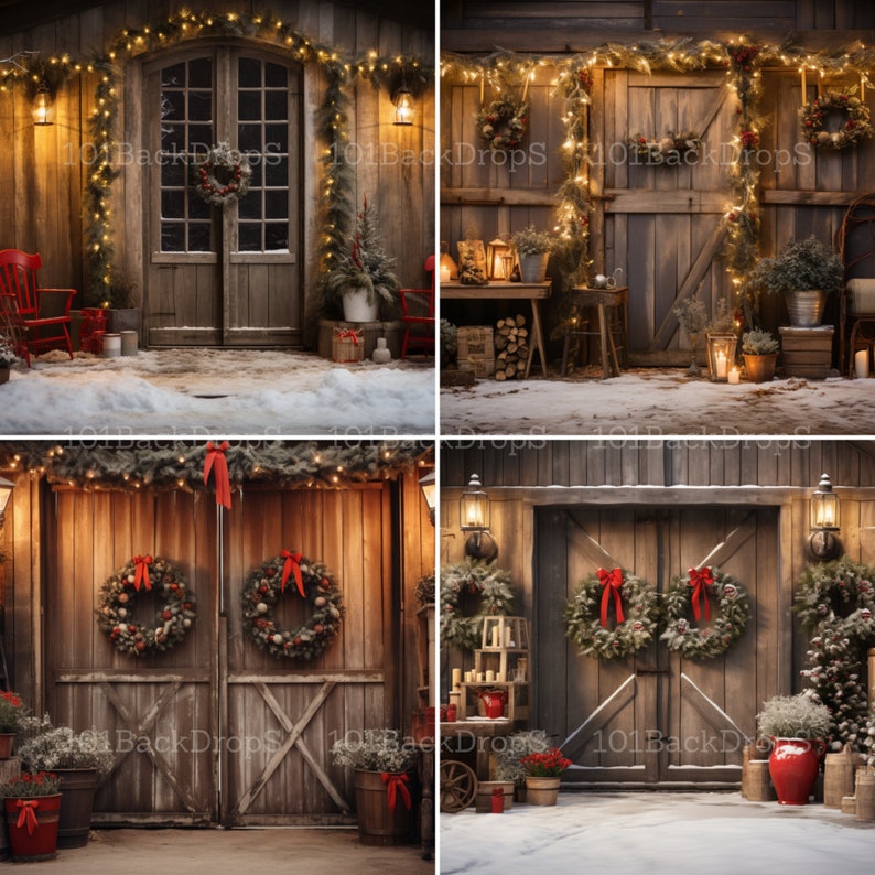 Christmas Barn Doors Digital Backdrops, Studio Backdrops Holiday Winter, , Family Kids ...