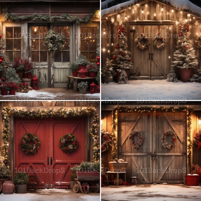 Christmas Barn Doors Digital Backdrops, Studio Backdrops Holiday Winter, , Family Kids ...