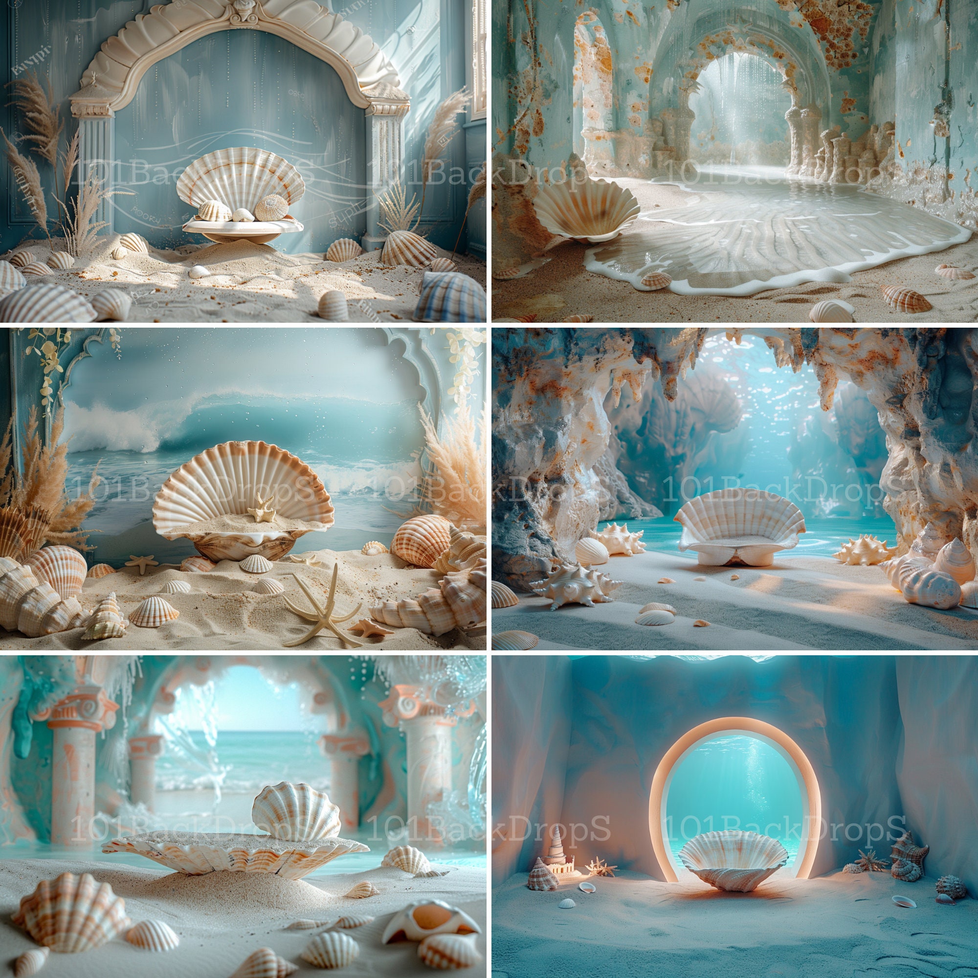 Ocean Mermaid Shell Digital Backdrops, Blue Romantic, Photoshop ...